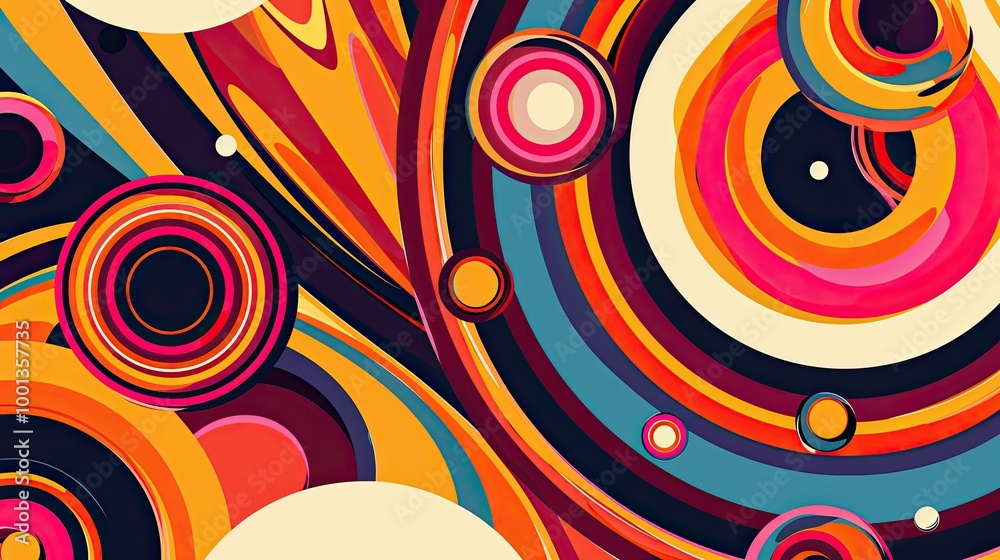 Vivid 70s abstract wallpaper with circular patterns and bold lines ...