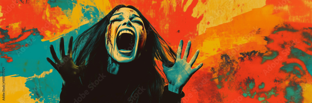 Scared woman shouting mouth wide open, eyes bleeding, hands raised ...