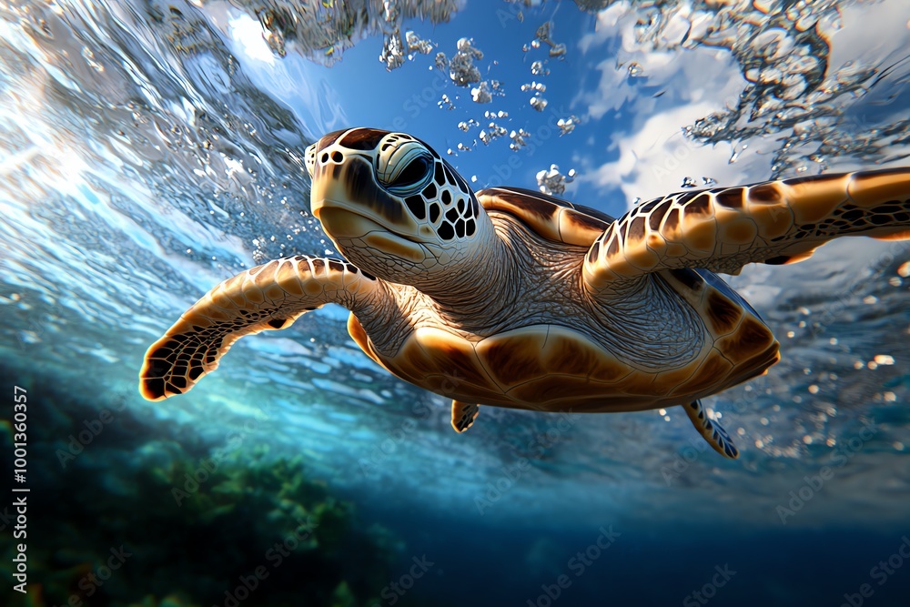 3D sea turtle swimming through digital waves, with sleek, smooth ...