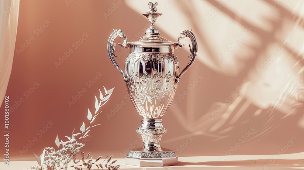 Silver trophy with slim tall design and engravings framed by soft peach ...