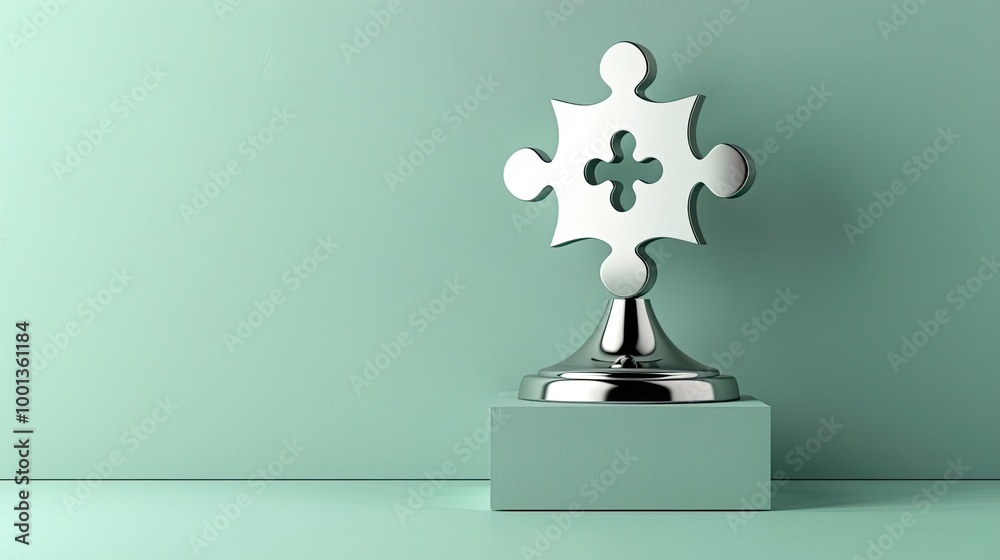 Puzzle-shaped silver trophy with soft textures displayed on light mint ...