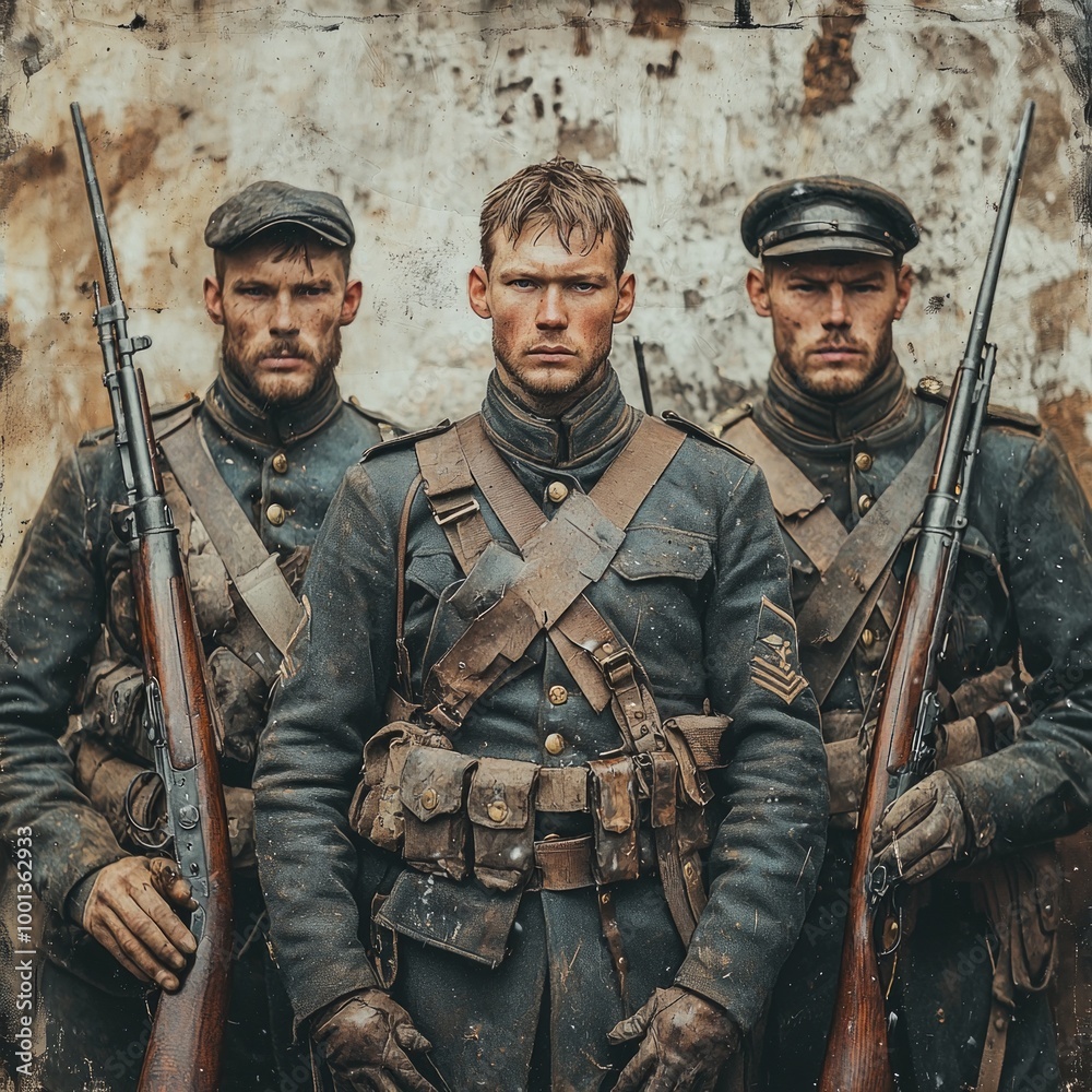 Three soldiers from the First World War stand resolutely with their ...