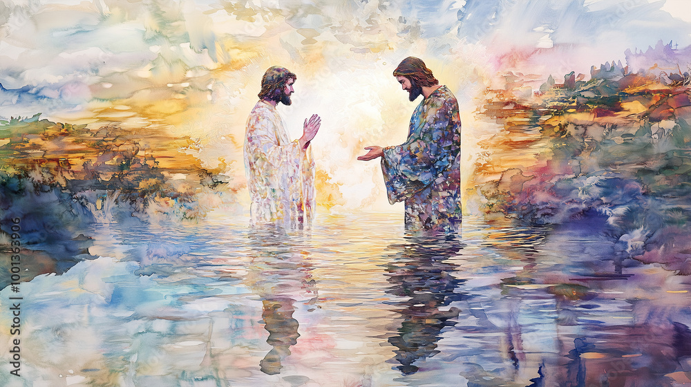 Watercolor painting, the Baptism of Jesus Christ by John the Baptist ...