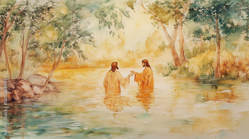 Watercolor painting, the Baptism of Jesus Christ by John the Baptist and the Holy Spirit in the ...