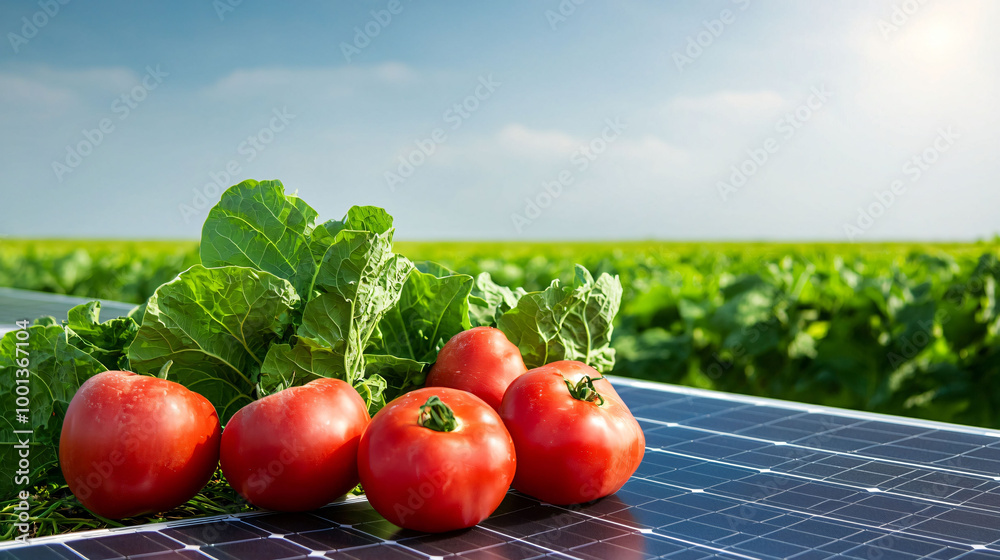 Fresh tomatoes are placed on solar panel, symbolizing concept of ...