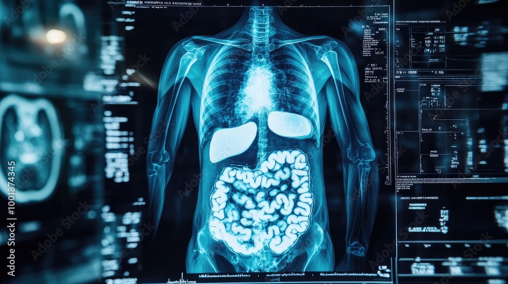 High-tech X-ray image of human abdomen, focusing on internal organs ...
