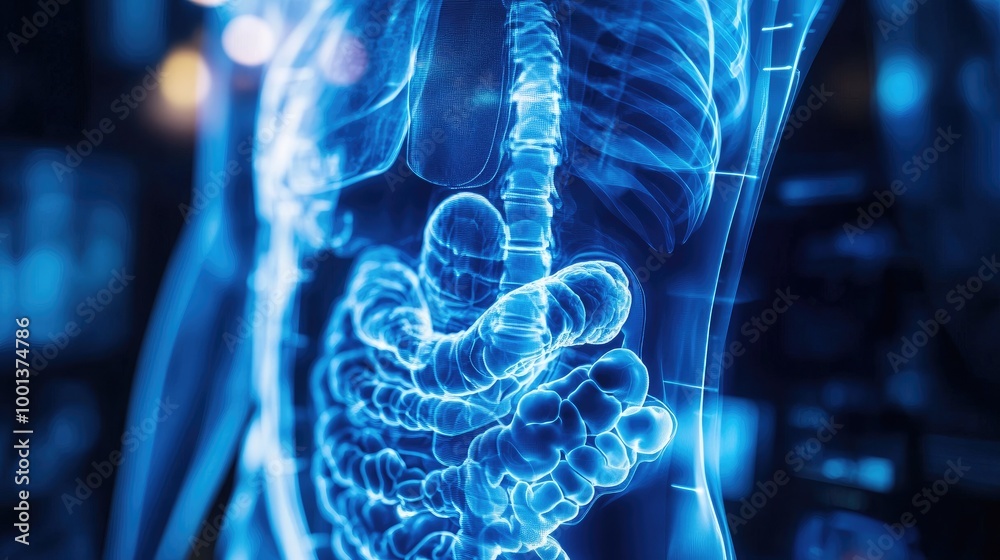 High-tech X-ray image of human abdomen, focusing on internal organs ...