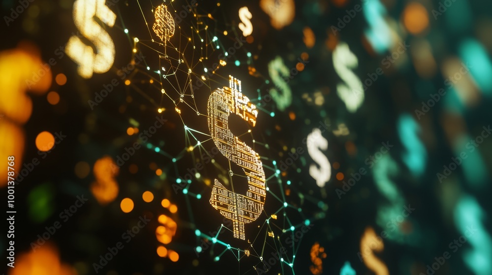 A digital representation of dollar signs interconnected by glowing ...