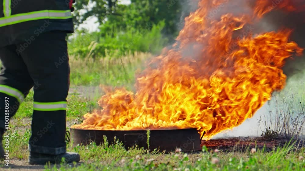 Firefighter battles roaring flame using fire extinguisher to combat ...