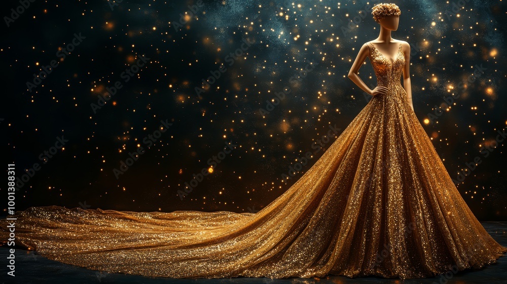 Shimmering gold dress on a mannequin, symbol of fashion and elegance ...
