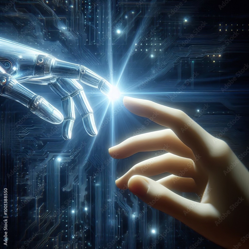 This captivating digital artwork portrays a cybernetic hand and a human ...