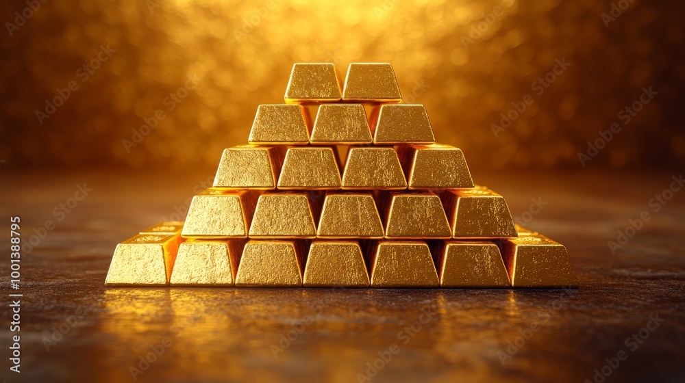 Paper art design of gold bars stacked in a pyramid, with textured ...