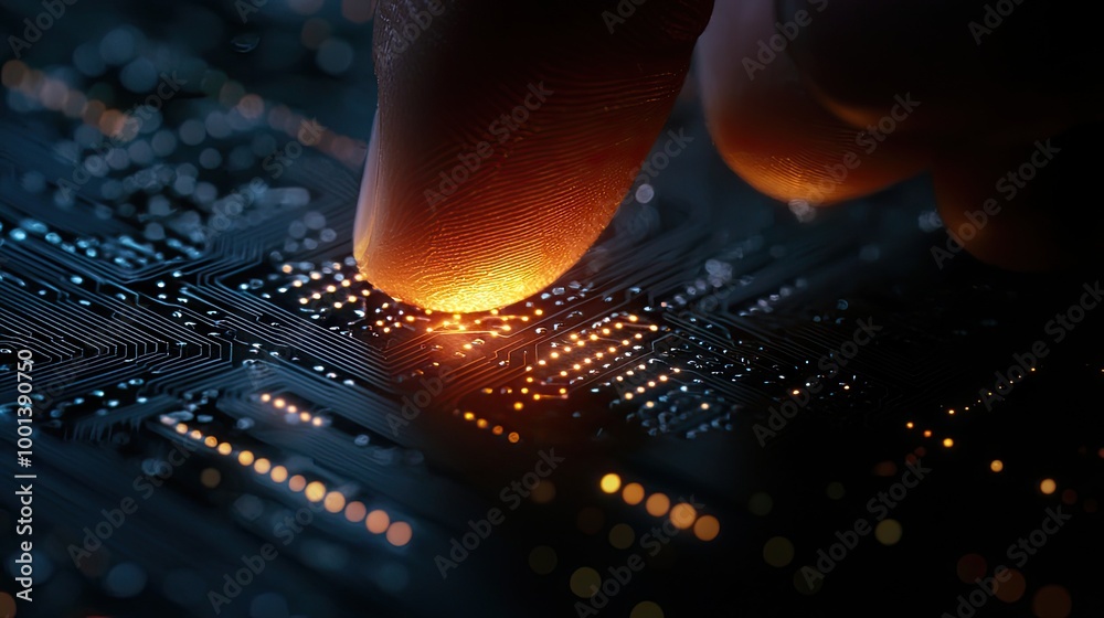 A close-up of an finger with digital lighting touch on the tip, about ...