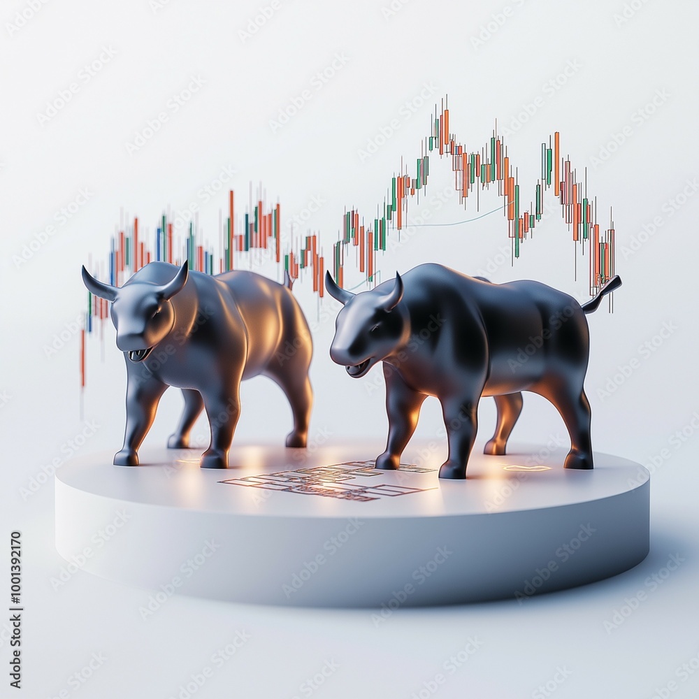 A pair of metallic bull sculptures on a circular platform, with a stock ...