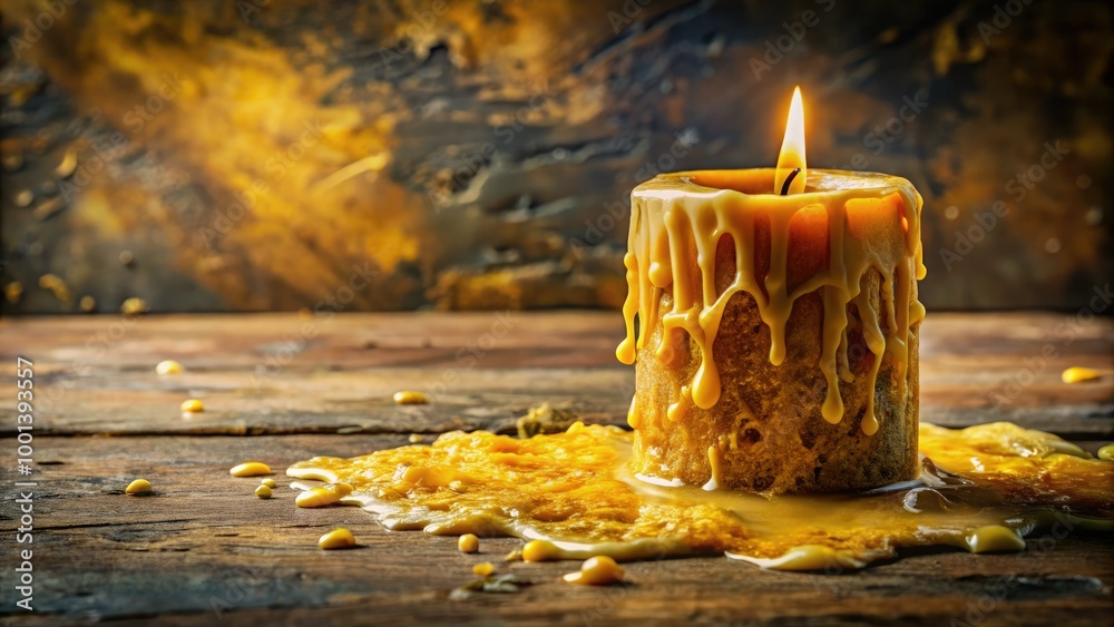 A warm, golden puddle of wax spreads across a rustic, stone-textured ...