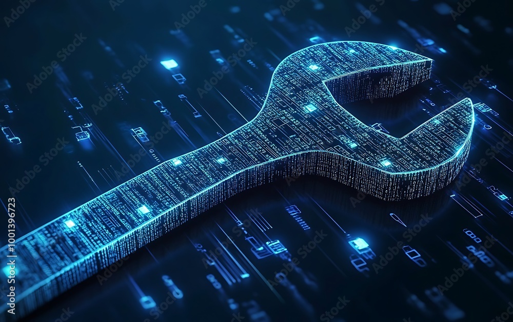 blue digital wrench spanner with glowing binary code, AI in maintenance management systems ...