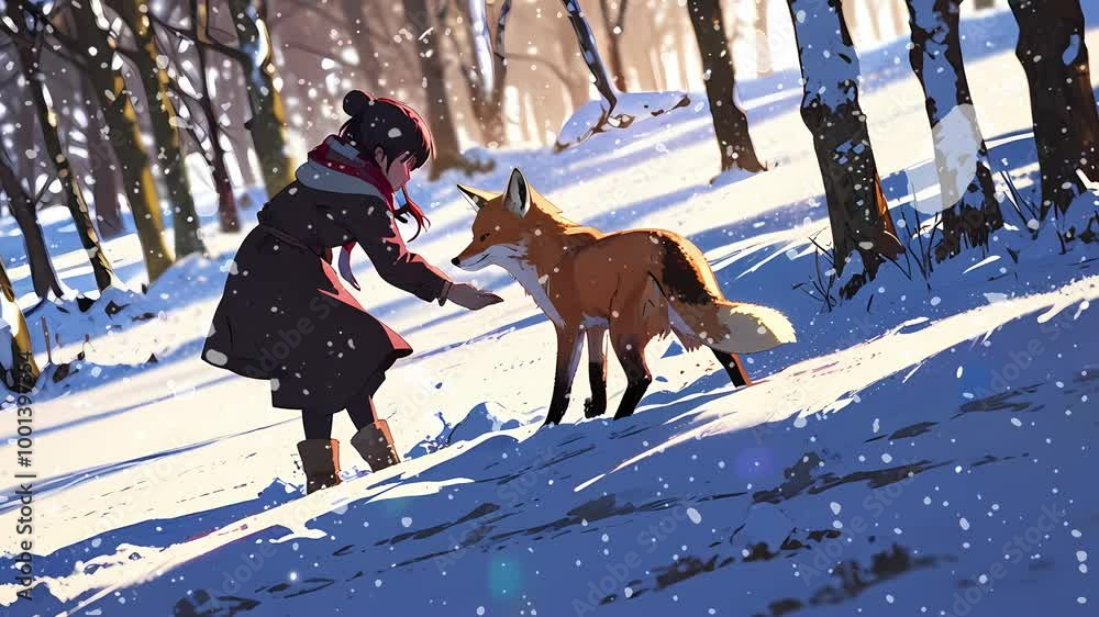 Lofi girl interacts with a friendly fox in a snowy forest, capturing a ...