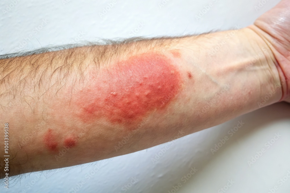 Close-up of a forearm with a raised, red, and swollen skin reaction ...
