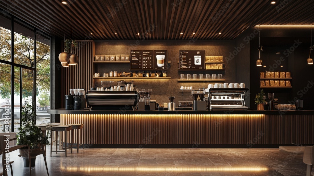 Discover the charm of a modern black coffee shop, where sleek lines and ...