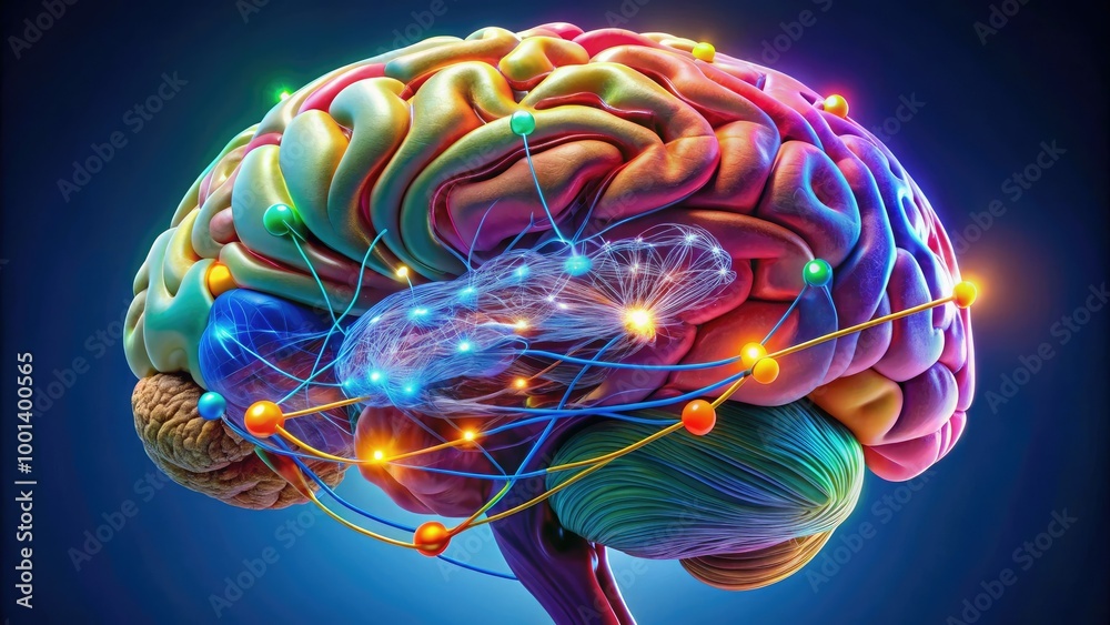 Colorful 3D illustration of the human brain with labeled sections ...