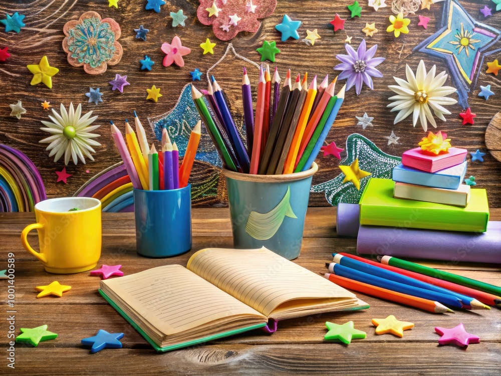 Colored pencils and highlighters surround a stack of books, notes, and ...