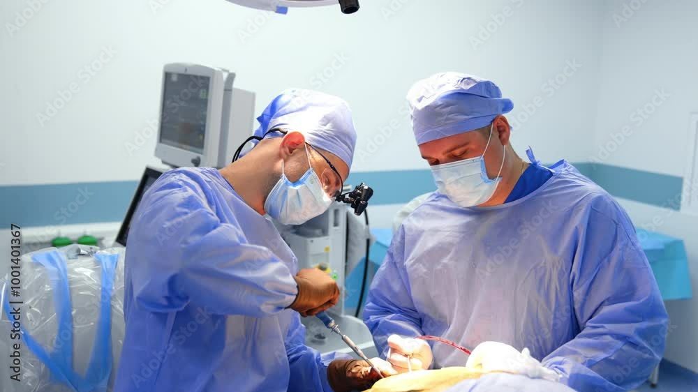 Two co-working doctors use surgical tools at neurosurgical operation ...