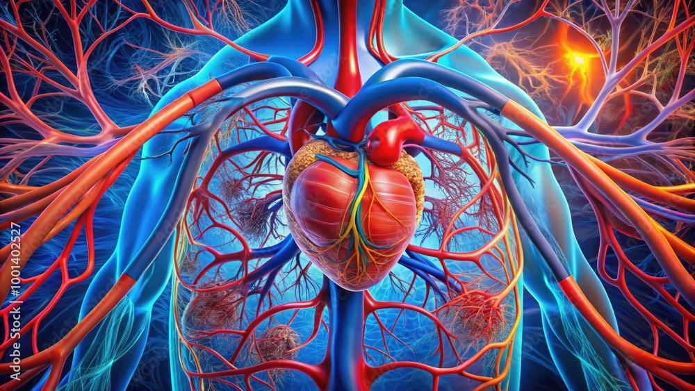 Colorful, detailed illustration of the human blood circulatory system ...