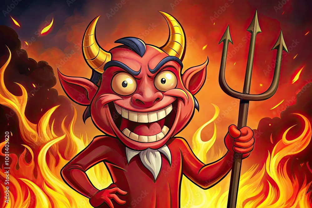Colorful illustration of a mischievous, horned cartoon devil with a sly ...