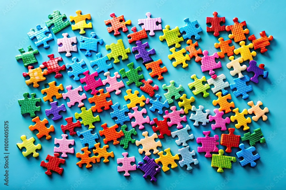 Colorful pixel art puzzle pieces with missing sections, scattered ...