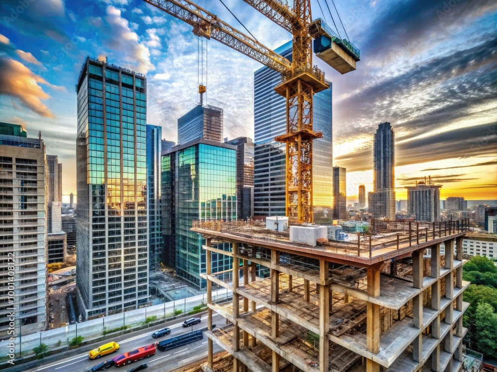Crane towering above partially built high-rise building with exposed ...