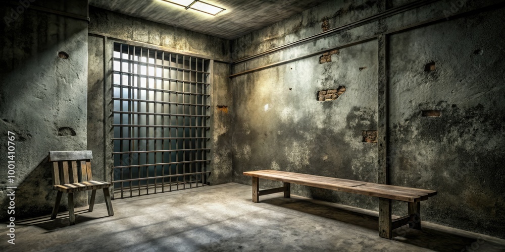 Dark, ominous, and eerily lit, a cold, gray stone walled prison cell ...