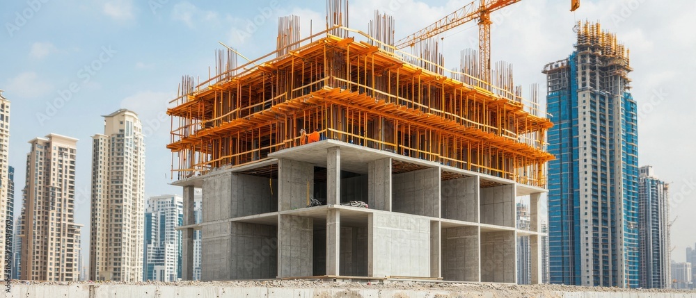 Construction site of a modern skyscraper with cranes and scaffolding ...