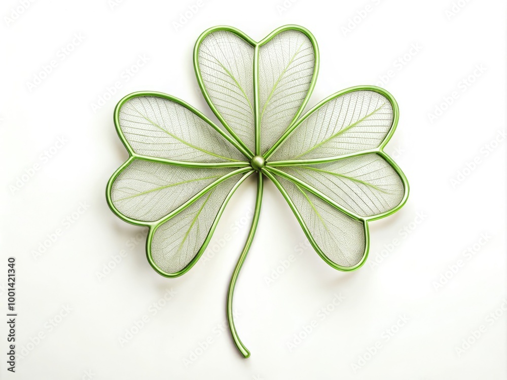 Delicate, intricately detailed outline of a rare four-leaf clover, with ...
