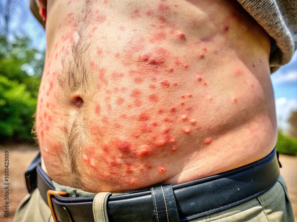 Close-up of itchy rash on abdomen skin, showcasing irritation and ...