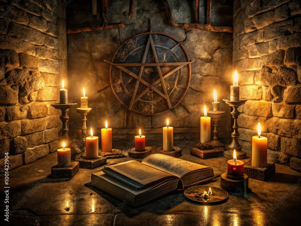 Eerie, dimly-lit GOETIA-inspired occult ritual scene featuring ...