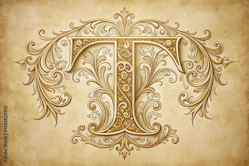 Elegant hand-drawn calligraphy letter "T" adorned with intricate ...