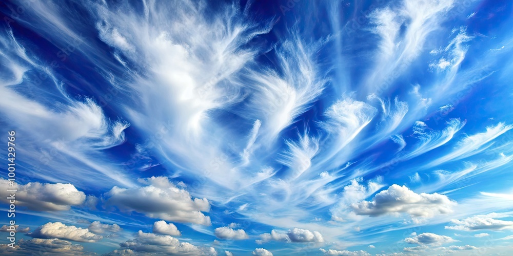 Ethereal clouds drift across a radiant, serene blue sky with subtle ...