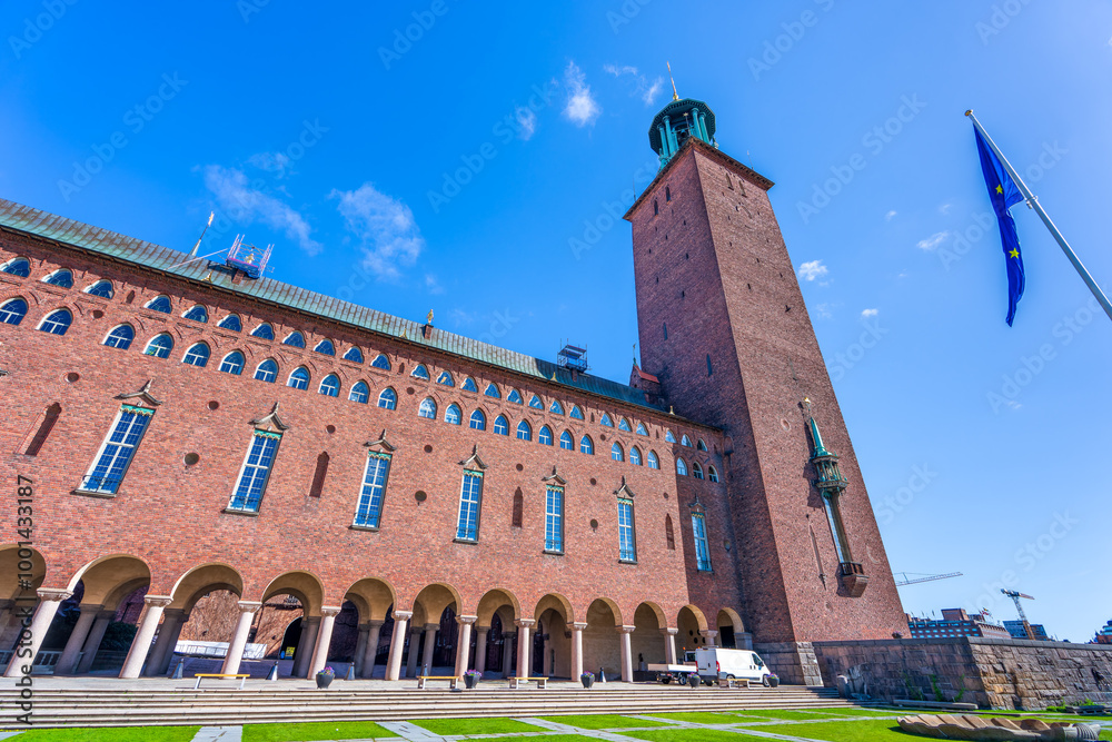 Stunning view of Stockholm City Hall, known for its iconic red brick ...