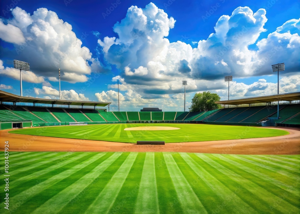 Green grassy outfield with shallow dirt infield and white chalk lines ...