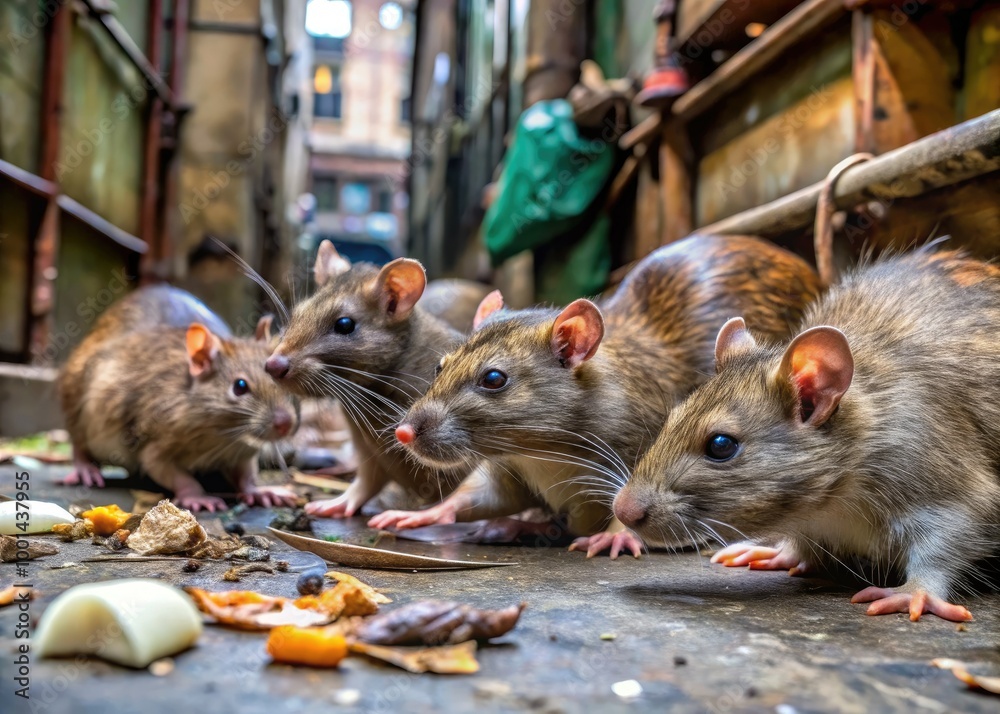 Greyish-brown rodents with scrawny bodies, long whiskers, and beady ...