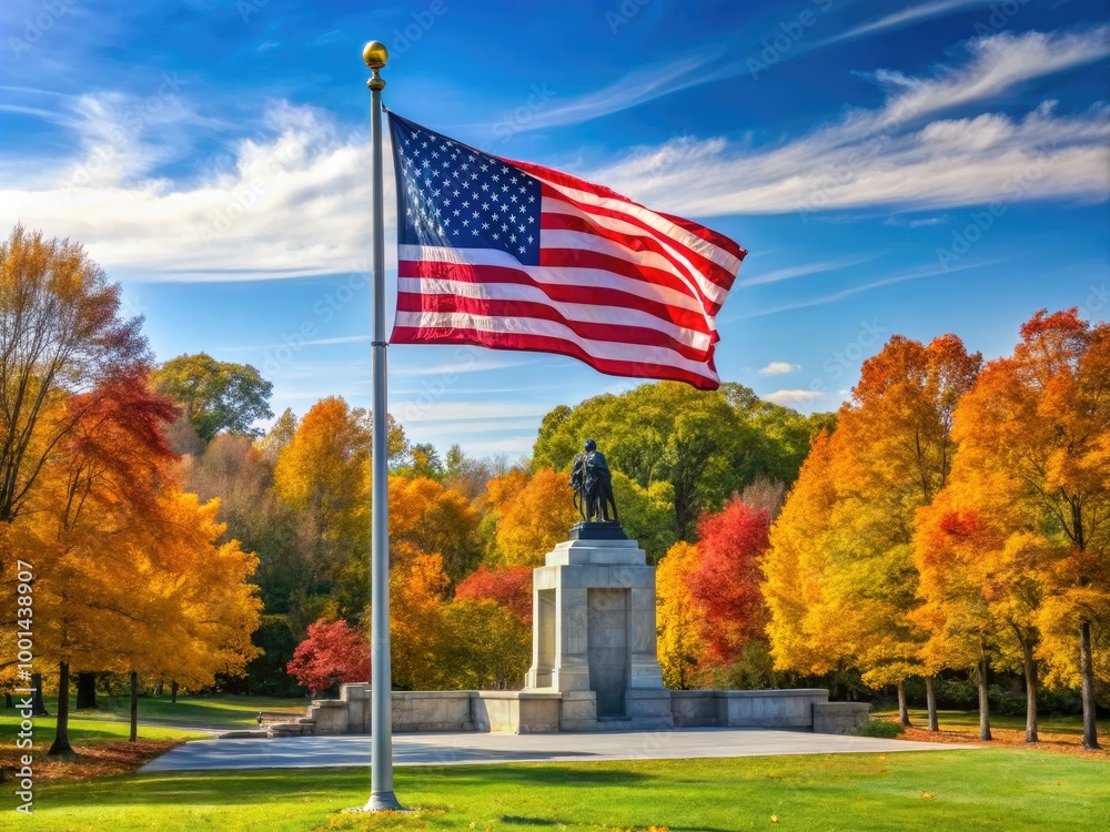 Honor and sacrifice remembered, American flag waving in front of ...