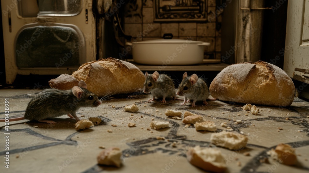 Mice gather crumbs on a kitchen floor, with scattered bread pieces ...
