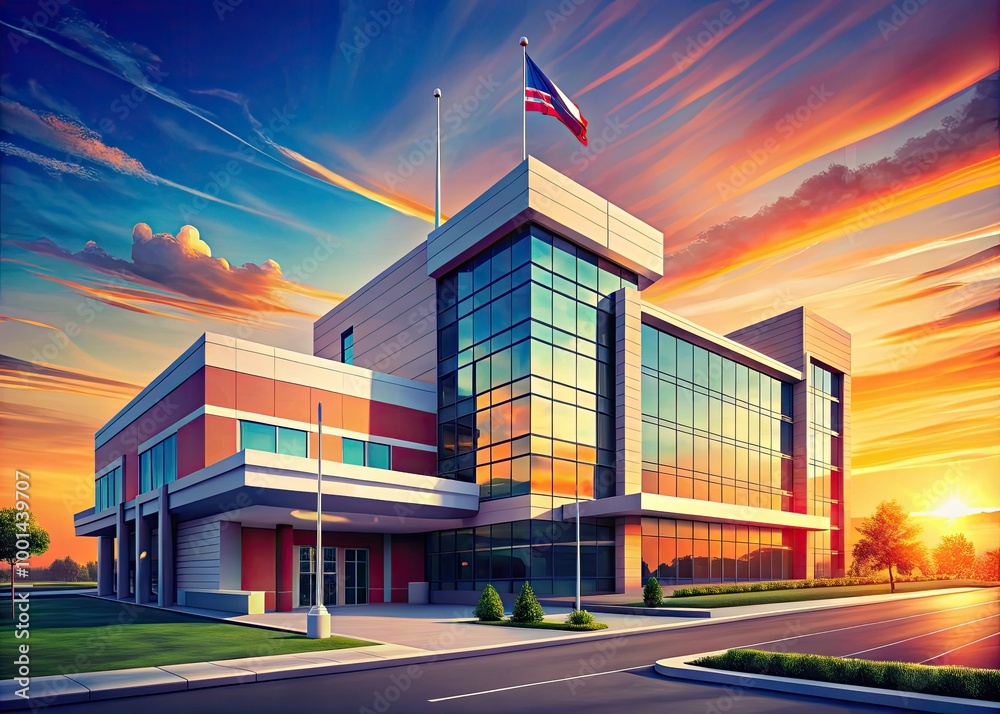 ภาพประกอบสต็อก Illustrated exterior of a modern hospital building at ...