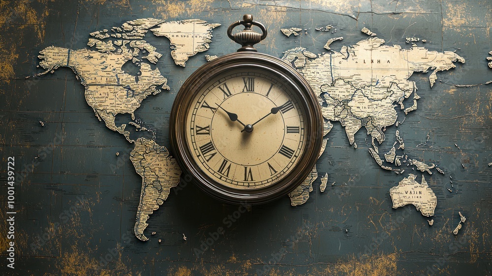 A clock with multiple time zones on a world map, illustrating global ...