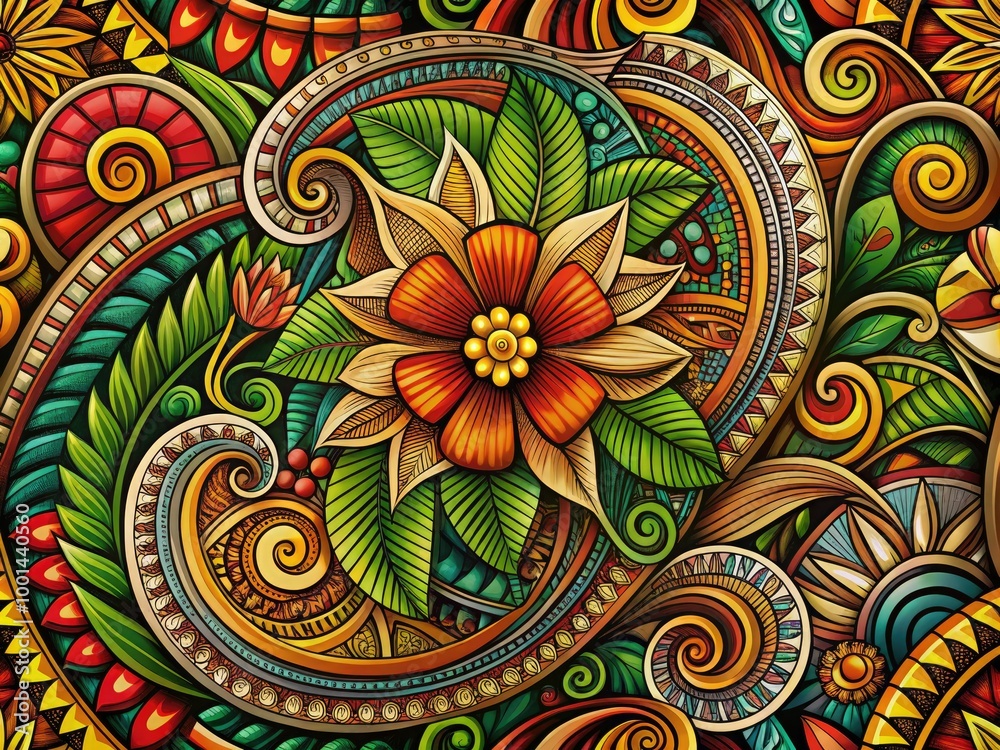 Intricate, hand-drawn tribal design featuring curved lines, spirals ...