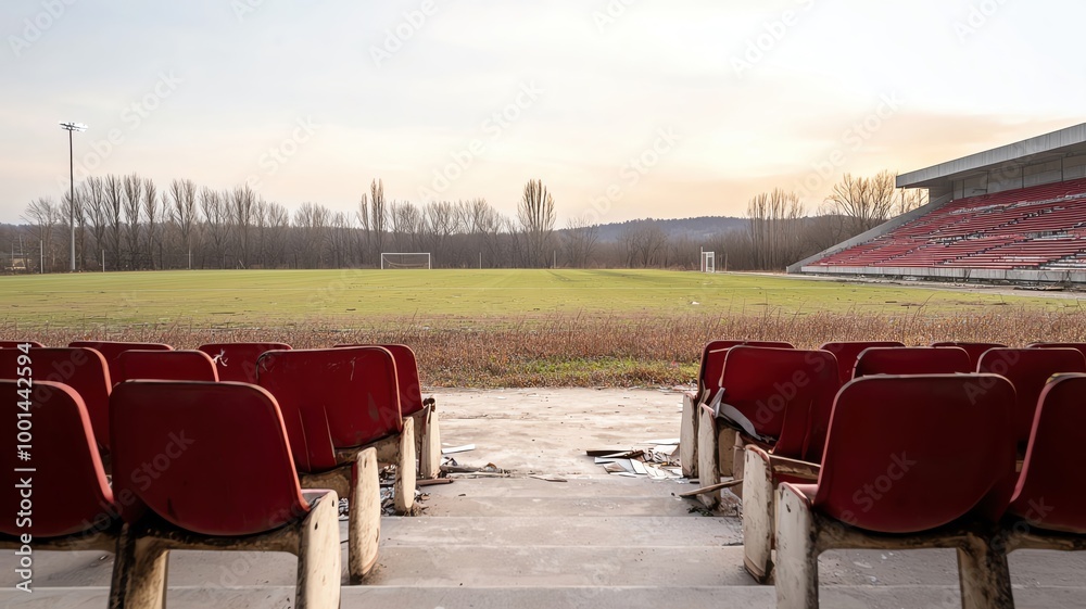 Deserted football stadium with broken seats and an overgrown field ...
