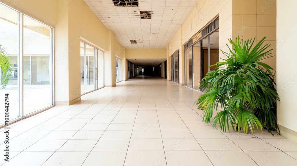 Deserted mall with broken windows and empty stores, echoing the ...