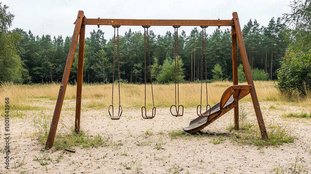 Empty playground with rusting swings and a broken slide, abandoned and ...