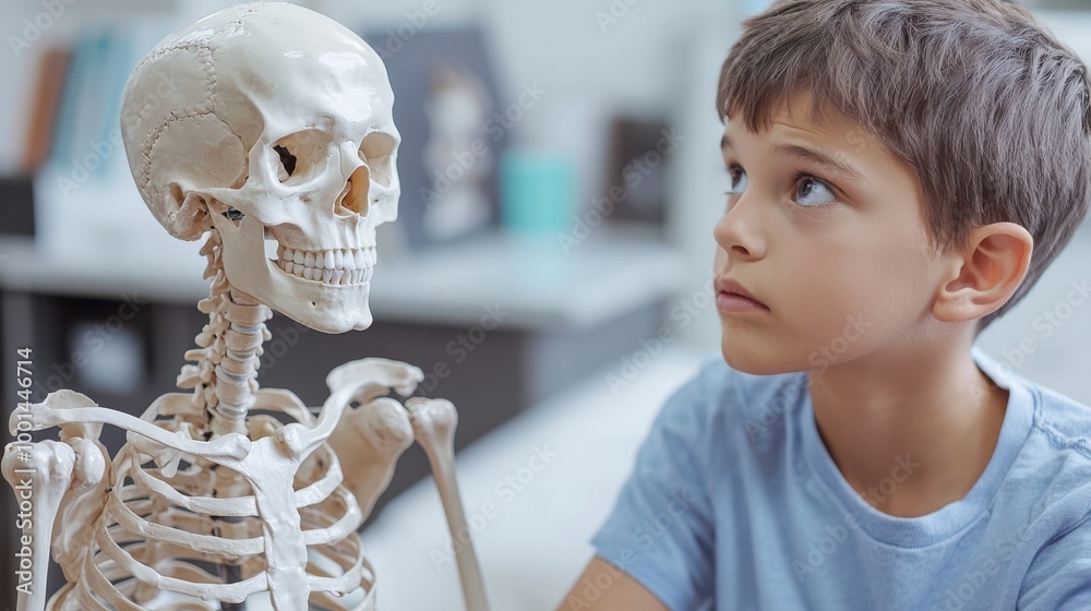 Emotional scene of a young patient anxiously looking at a skeleton ...