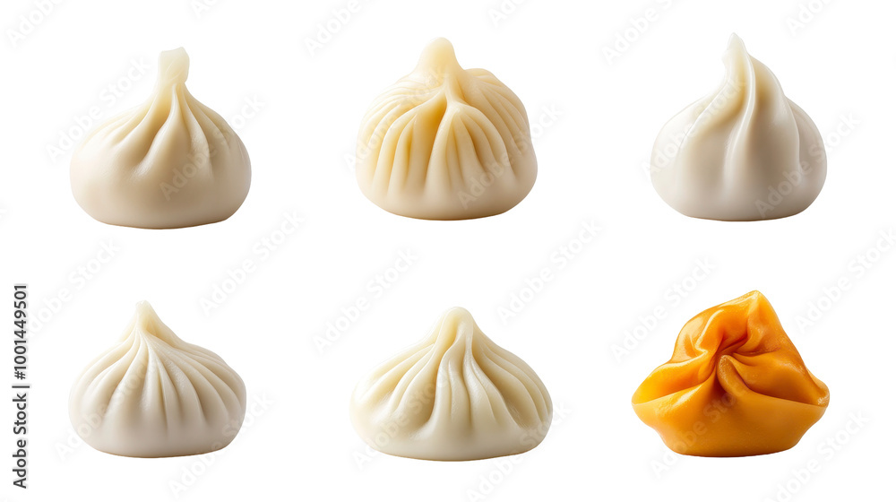Assorted dumplings arranged in two rows, various shapes and sizes, five ...